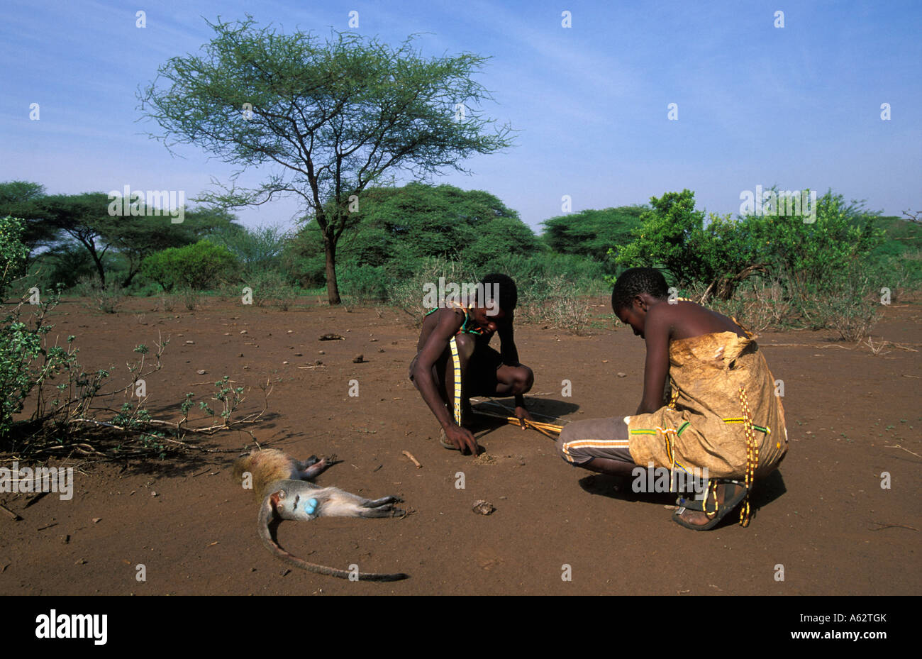 Hadza hunters making a fire to grill a monkey Lake Eyasi Tanzania Small ...