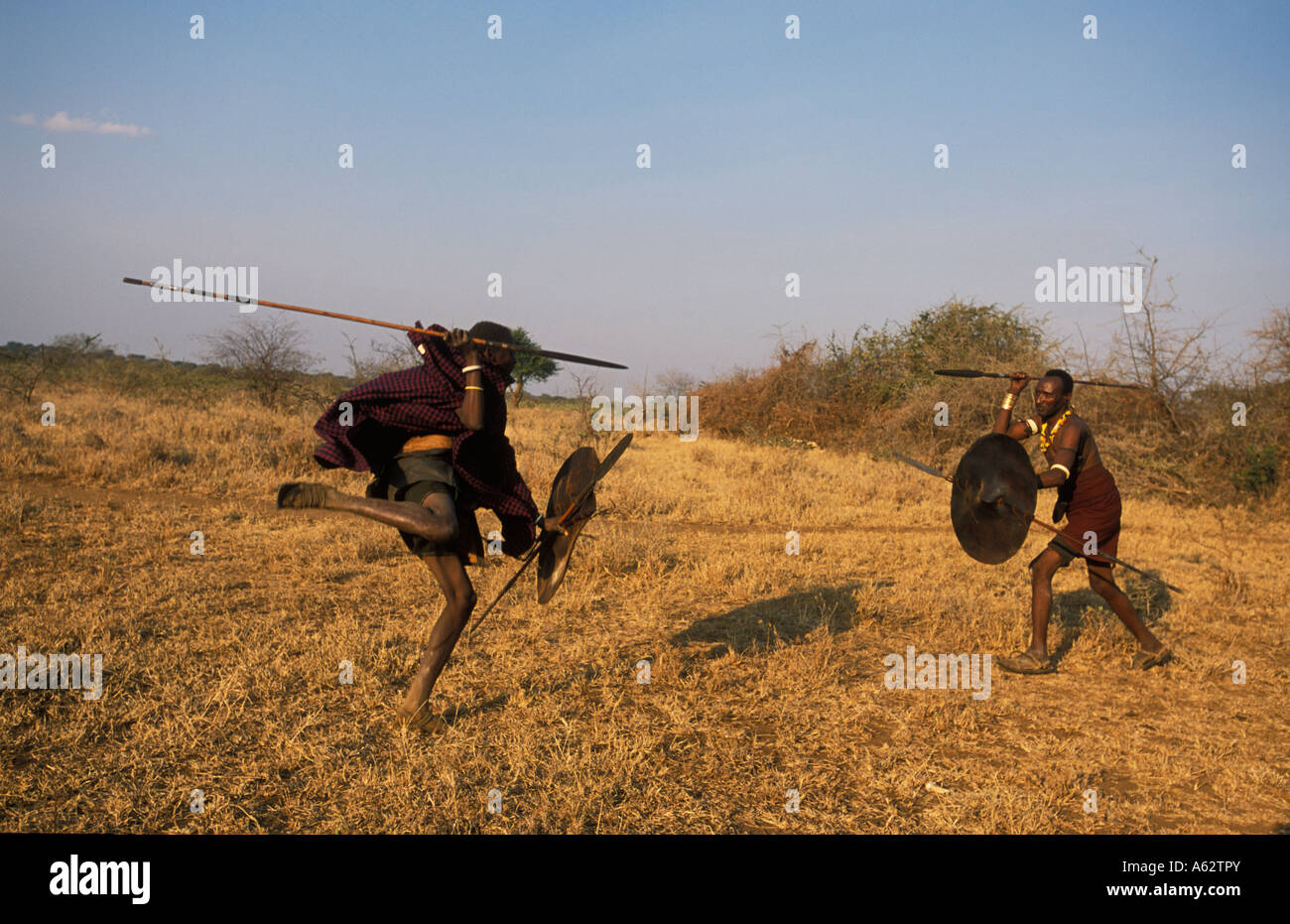 Barabaig men demonstrating a spear fight Dirma village Central Rift ...