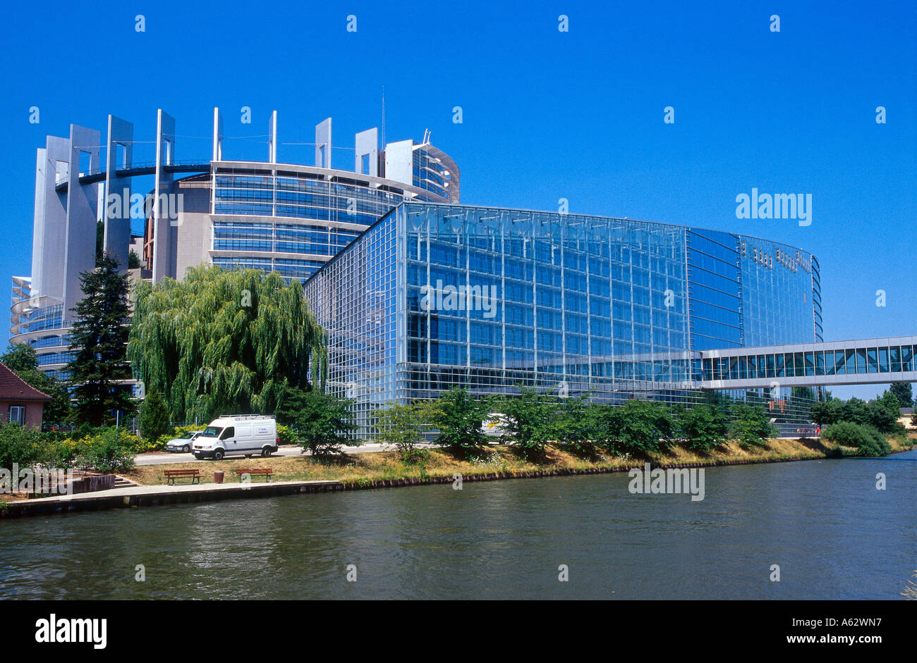 Parliament building at waterfront, Louise Weiss Building, Strasbourg ...