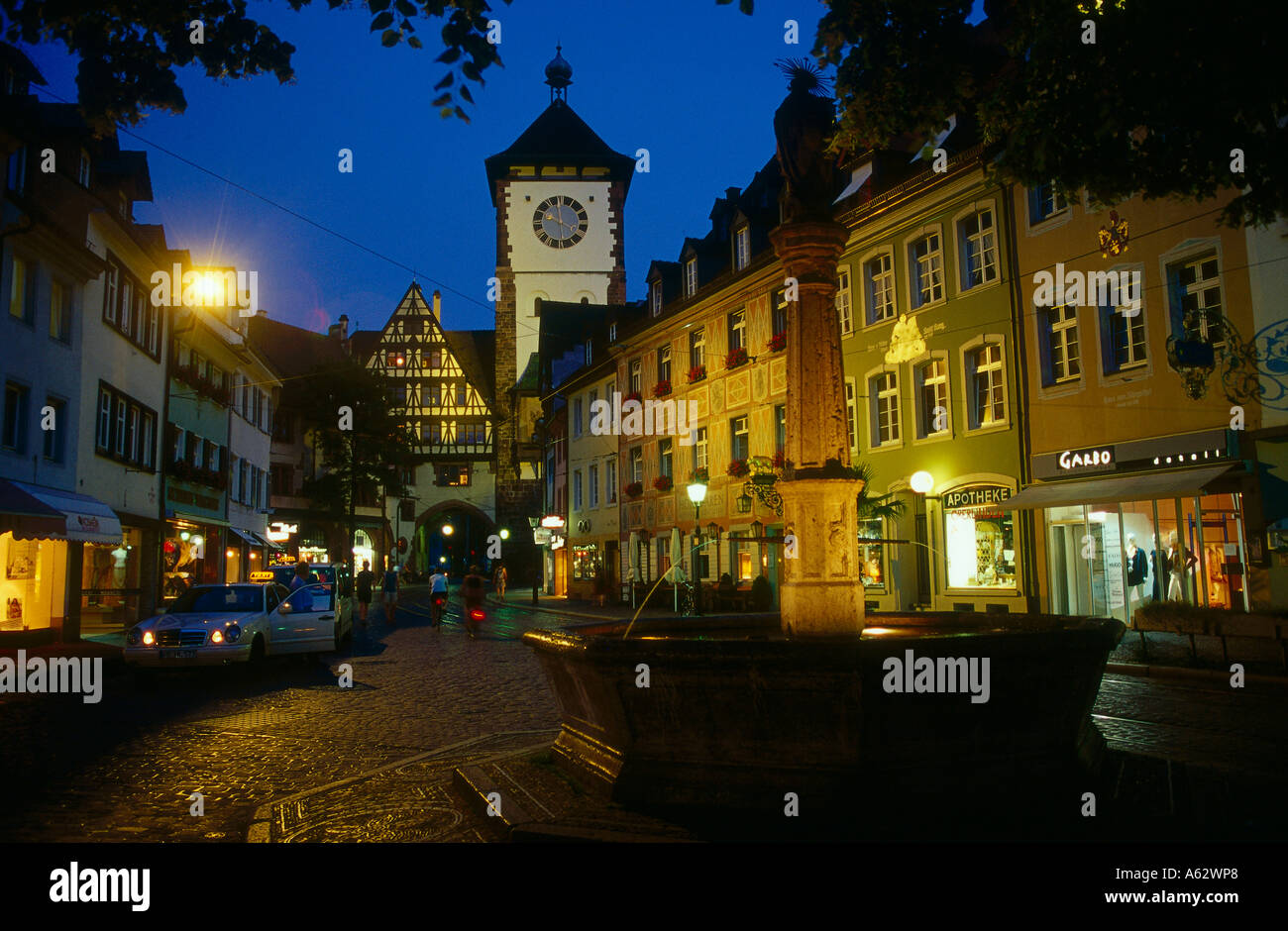 Buildings lit up at night, Freiburg Im Breisgau, Baden-Wuerttemberg ...