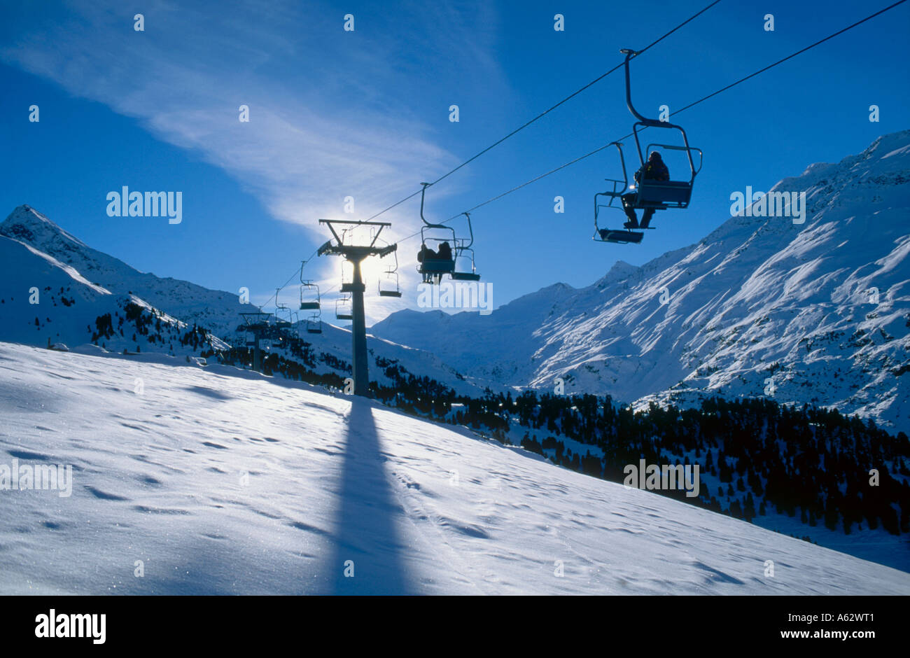 Ski lifts over snowy landscape, Obergural, Oetztal Alps, Tyrol, Austria ...
