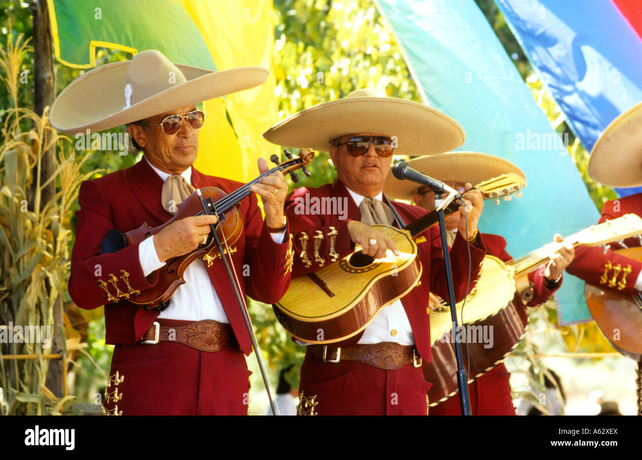 Colorful Mexico mariachi band playing outdoors in the town park in ...