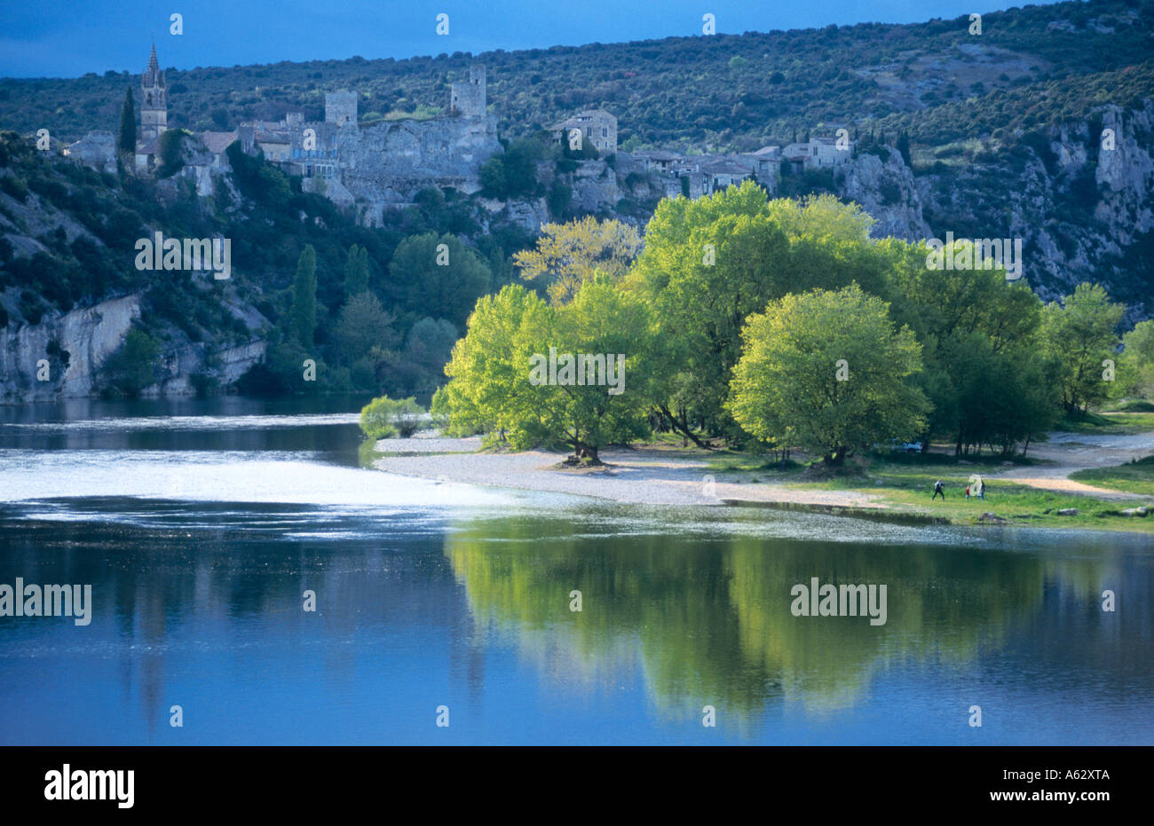 Deciduous trees at riverfront, Ardeche River, Pont-Saint-Esprit, France ...