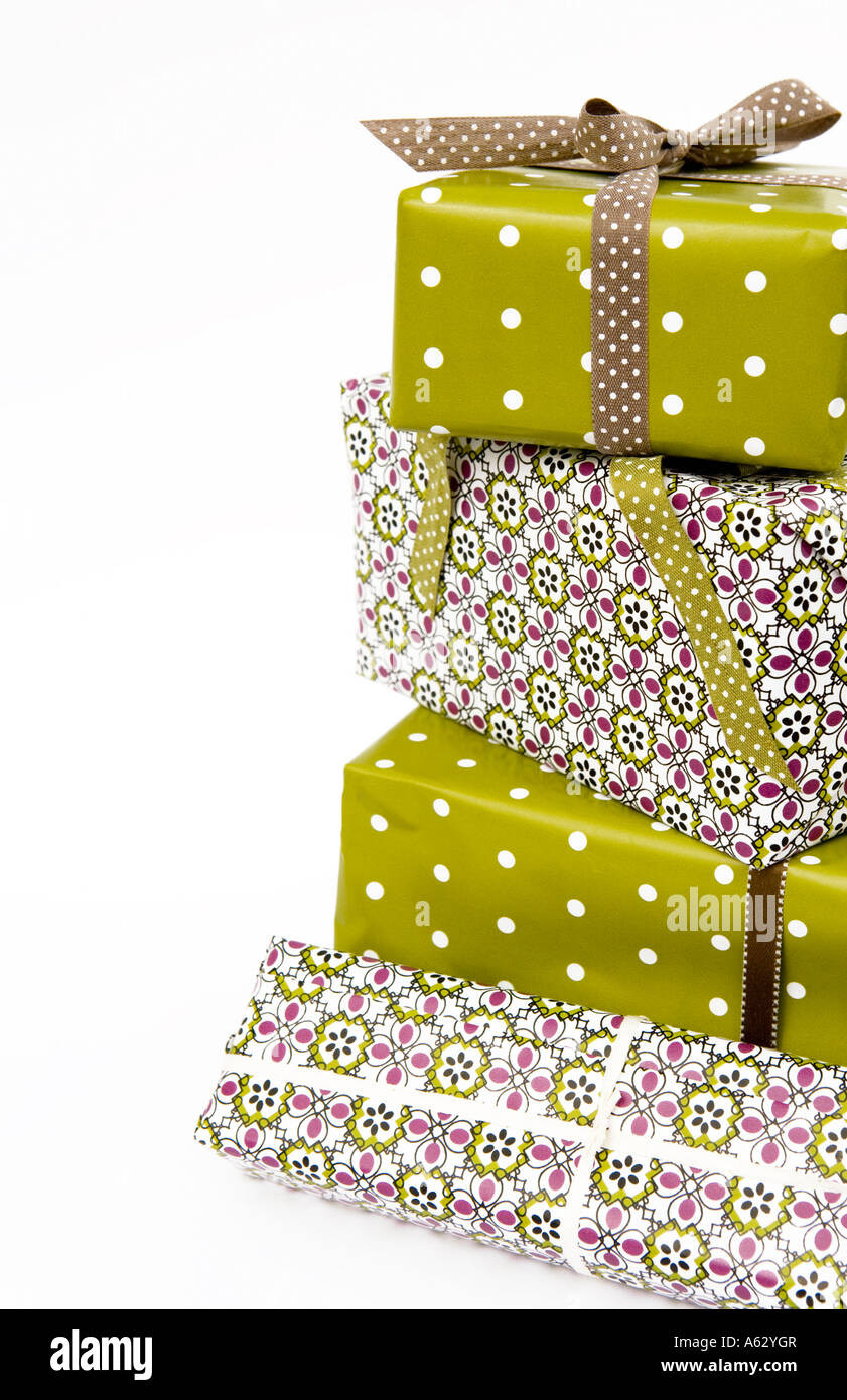 Gift wrapped parcels piled high Stock Photo - Alamy