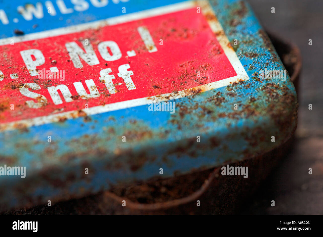 Rusty old nasal tobacco tin that once contained J&H Wilson's S.P. No 1 ...