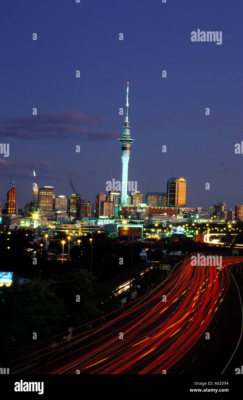 New Zealand Auckland Skyline at night With Sky Tower and traffic ...