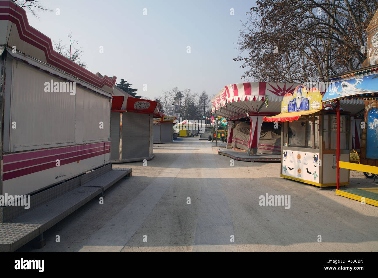 Closed booths in an amusement park in Milan, Italy, Europe Stock Photo ...