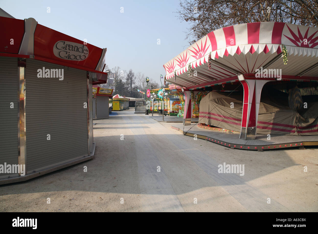 Closed booths in an amusement park in Milan, Italy, Europe Stock Photo ...