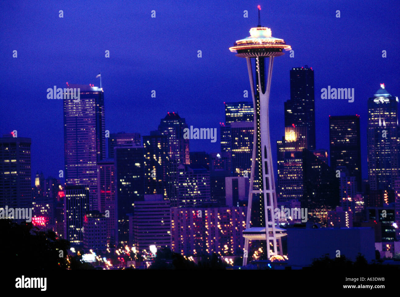 Skyscrapers lit up at night, Space Needle, Washington State, Usa Stock ...