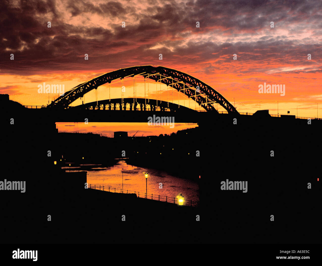 Wearmouth Bridge over River Wear and fiery sunset, Sunderland, Wearside ...