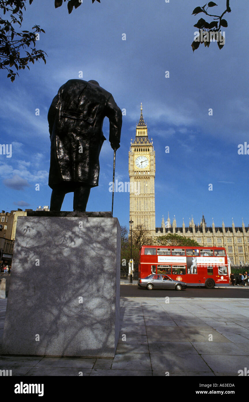 England London rear view of Winston Churchill statue looking toward Big ...