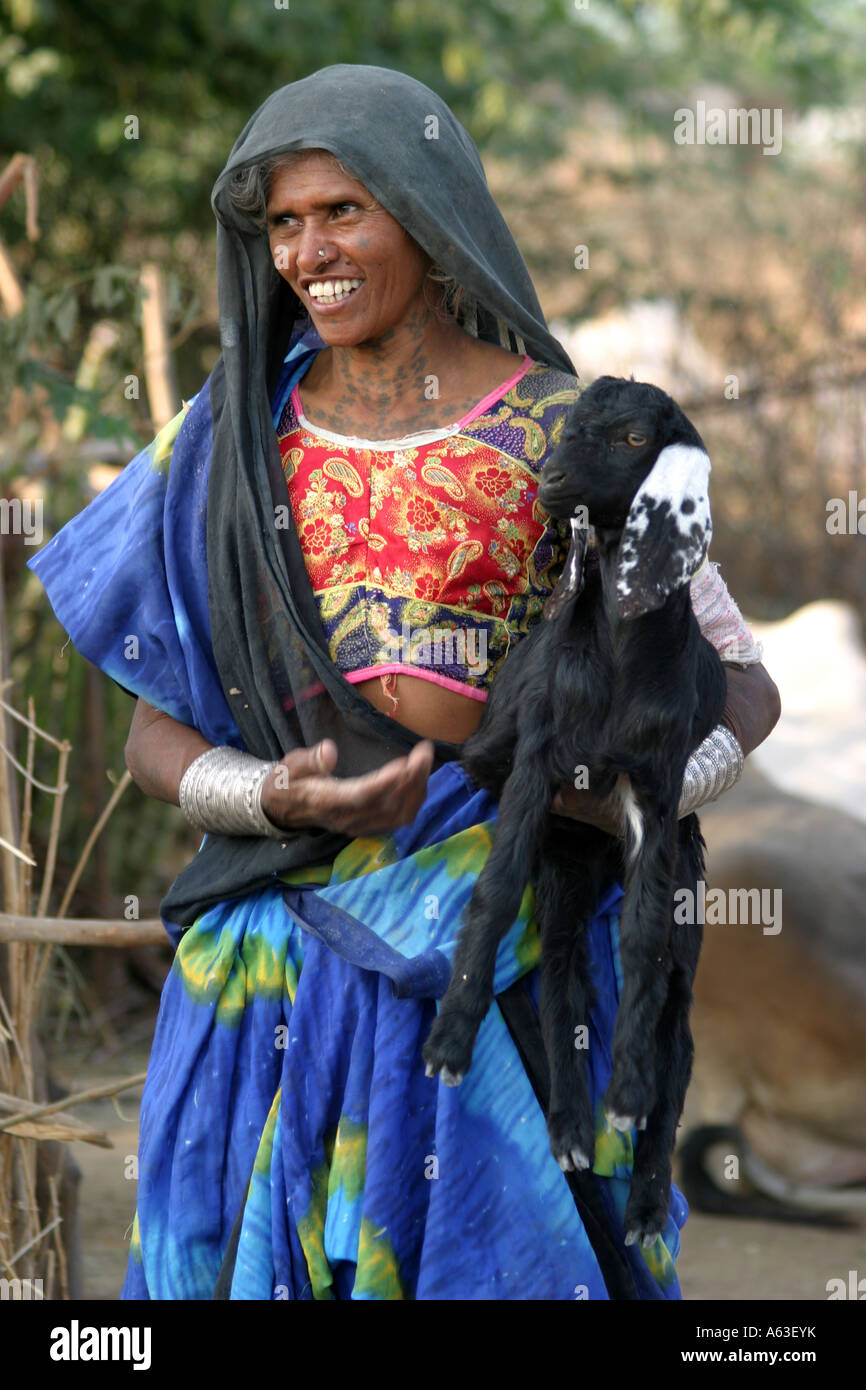 Vibrantly colourful tattoed woman of the Bharwad tribe at Ambala ...