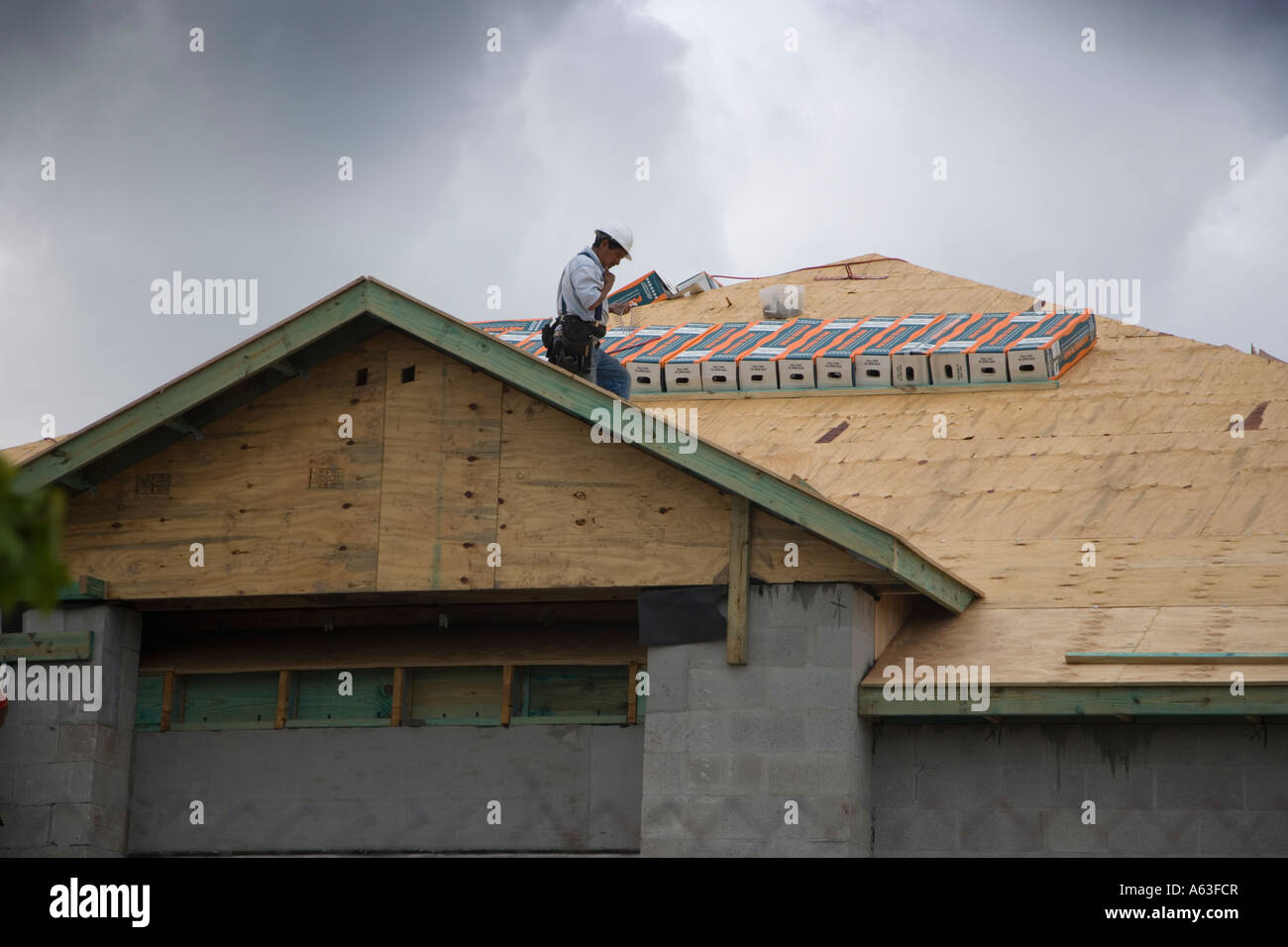 Roofer looking at plans on top of a new building Stock Photo - Alamy