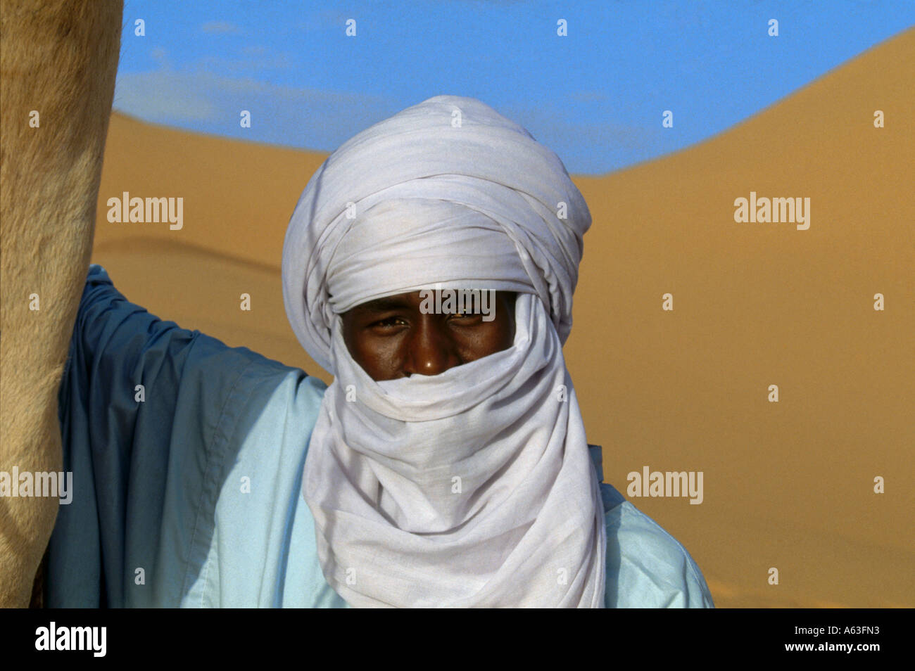 Tuareg male wearing turban Tekerkiba Wadi Al-Hayat Sahara Desert Libya ...