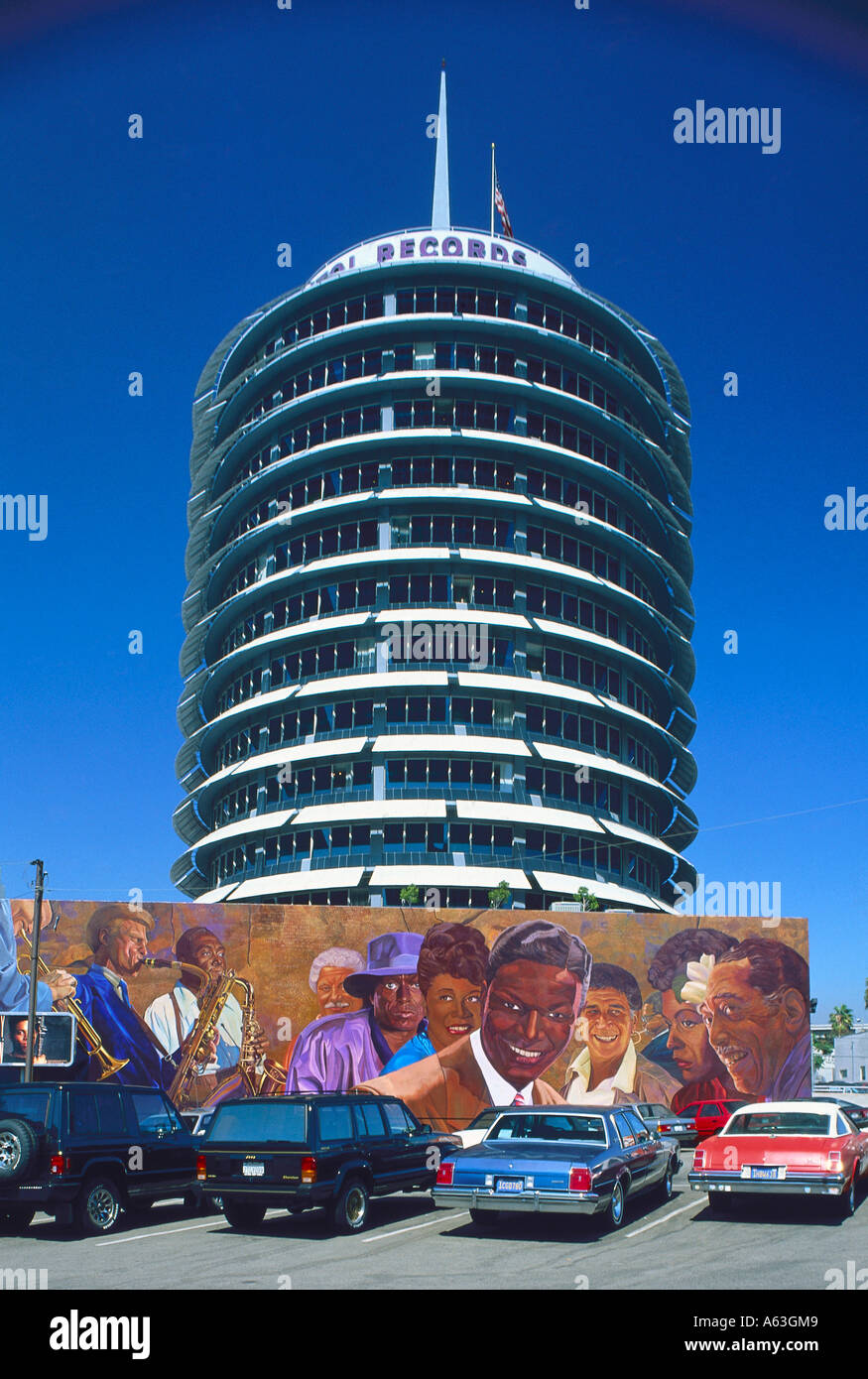 Cars parked in front of tower, Hollywood, Los Angeles, California, USA ...