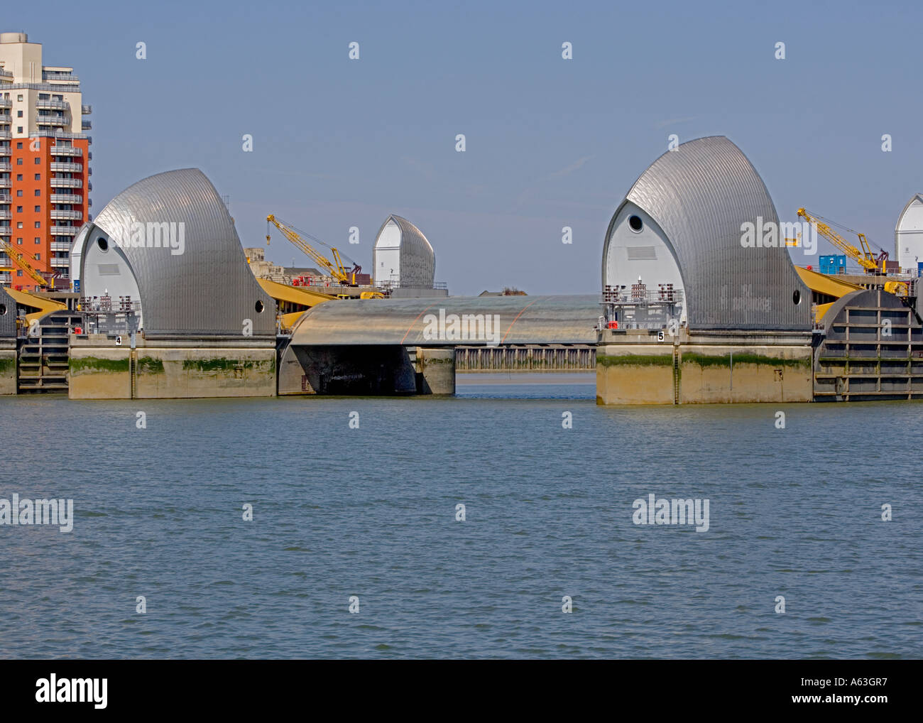 The Thames Barrier, London viewed from a boat on the Thames Stock Photo ...