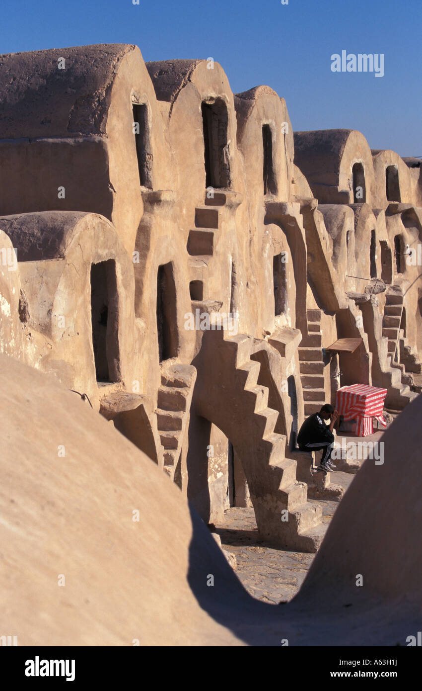 Ancient multi-level Berber ghorfas (building for storing grain) in a ...