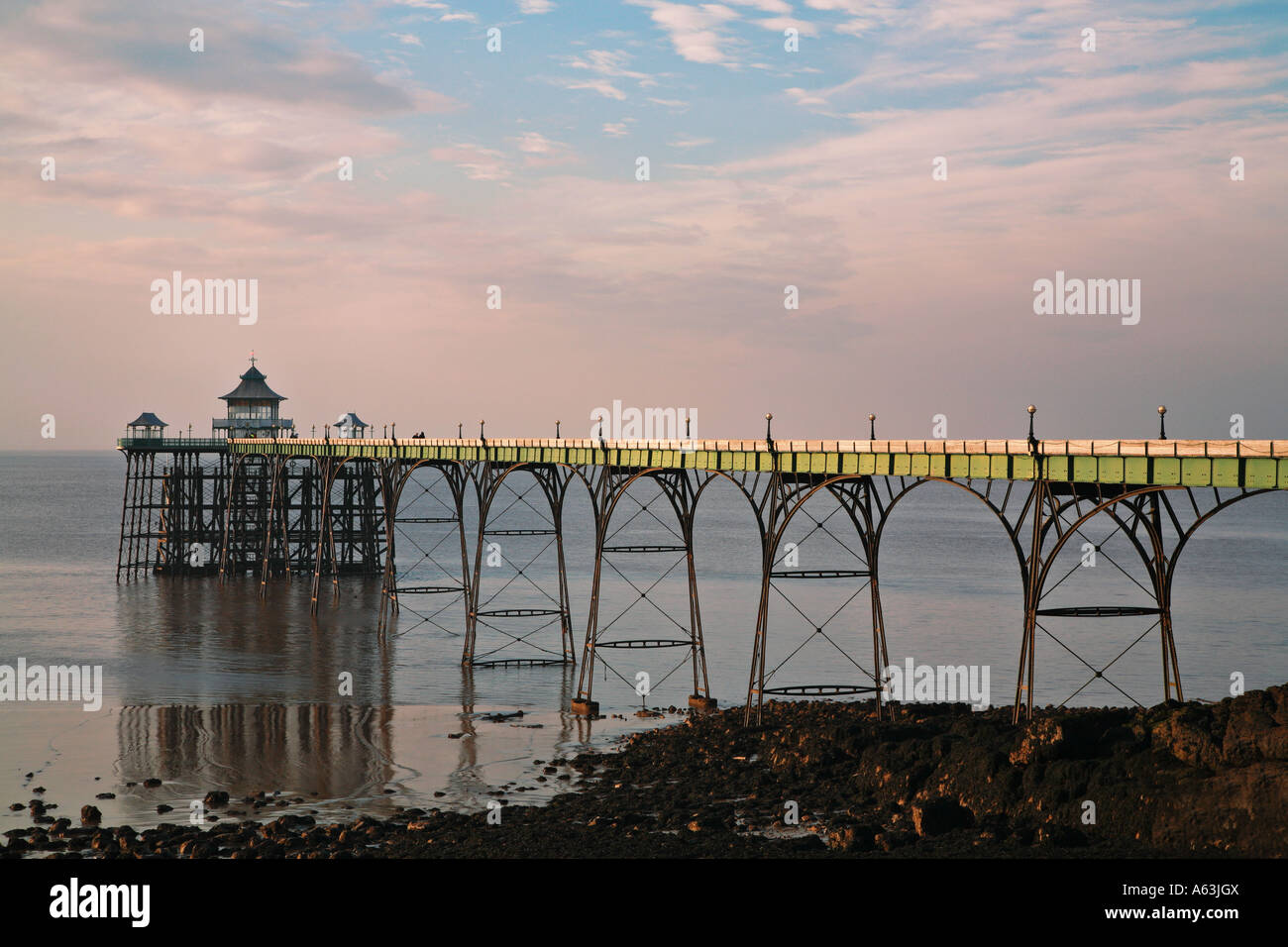 Sunset and pier at Clevedon Somerset England Stock Photo - Alamy