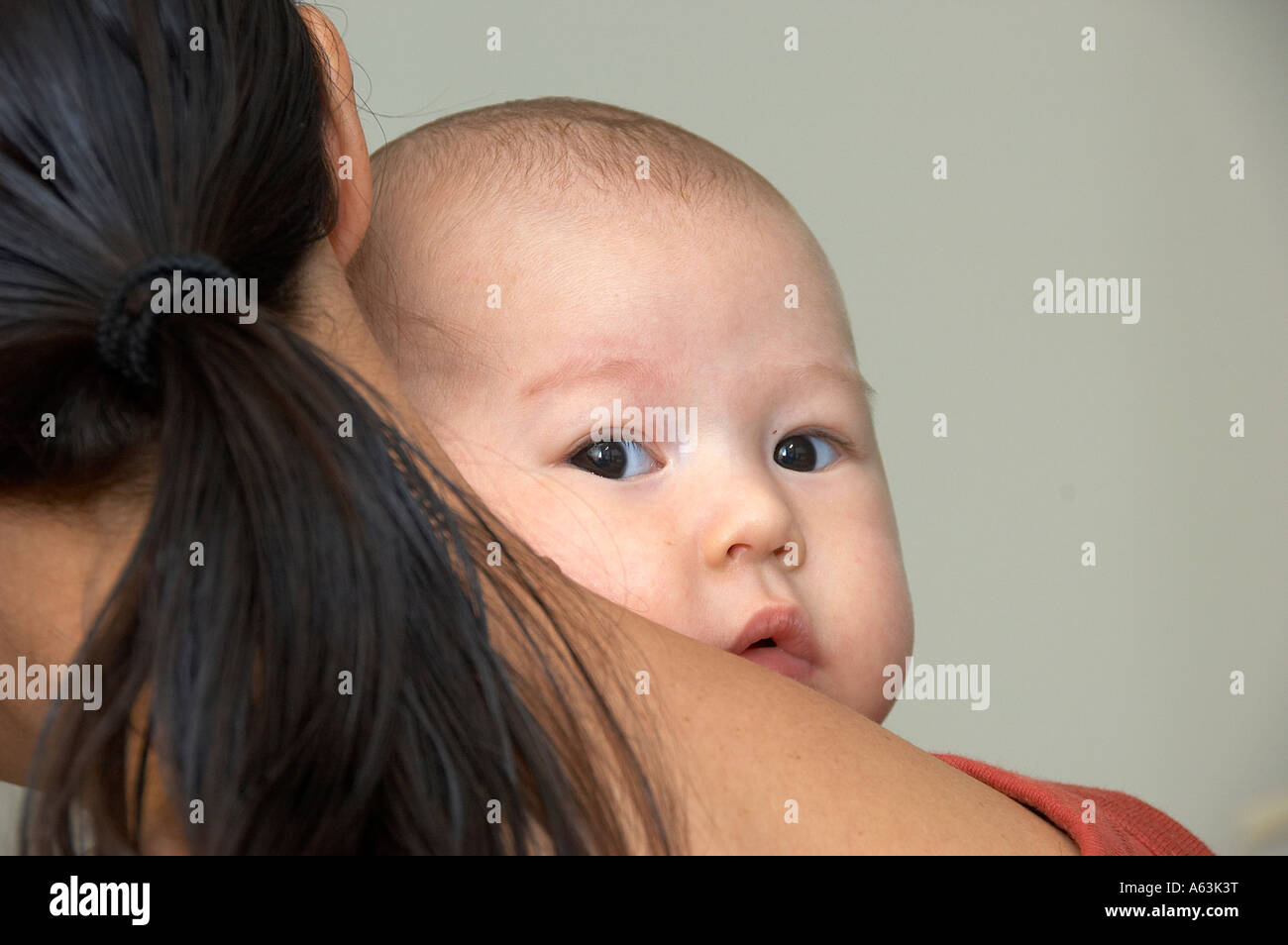 Four month old baby looking over mother's shoulder Stock Photo - Alamy