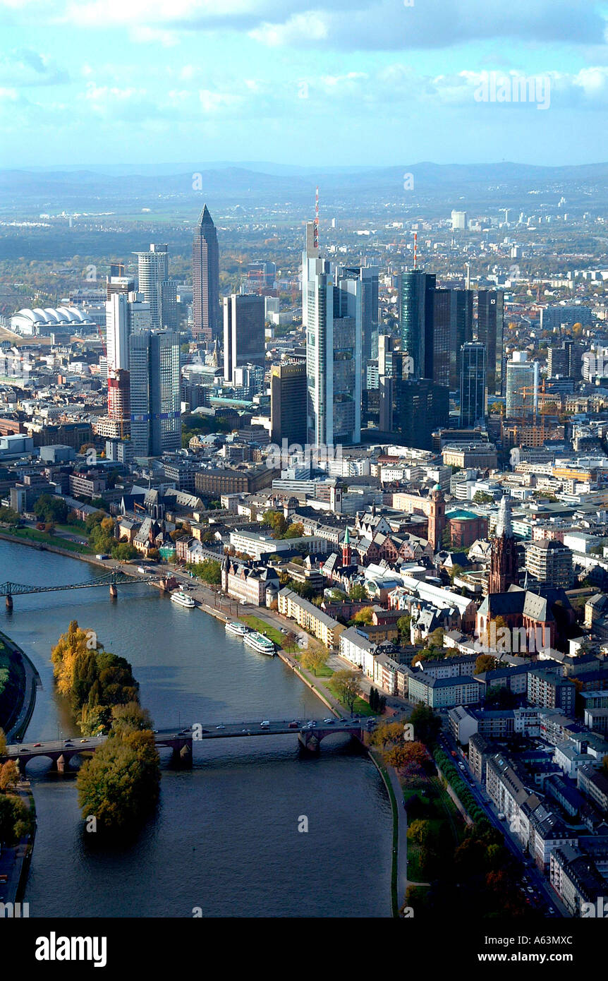Aerial view of buildings and river in city, Main River, Frankfurt ...