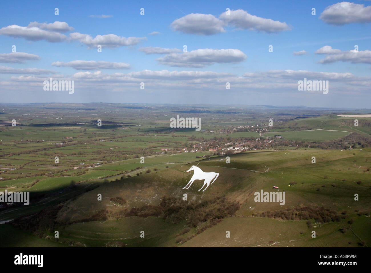 Westbury White Horse and Bratton Camp Wiltshire UK seen from the air ...