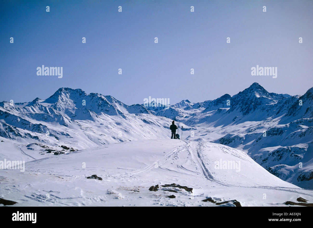 ski touring on top of mountain view to mount weisshorn left and ...