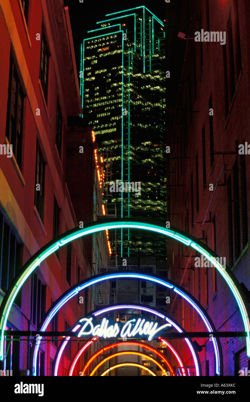Dallas Alley With Nations Bank Building outlined in neon lights West ...