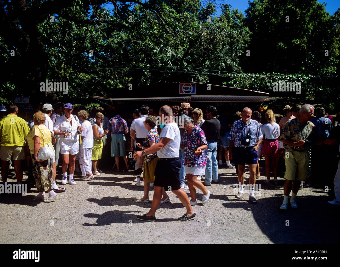 tourists on sightseeing trip having break island of mallorca balearic ...