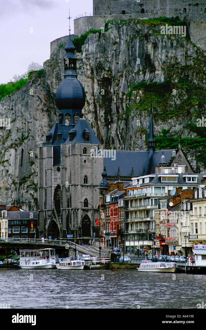 The Notre Dame Gothic church of the charming riverside town Dinant ...