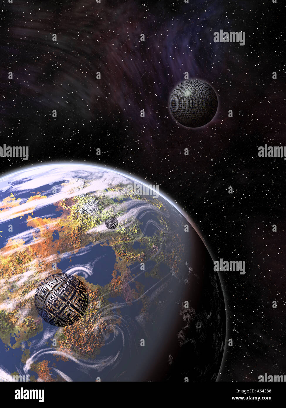 Planet with Artificial Moons Stock Photo - Alamy