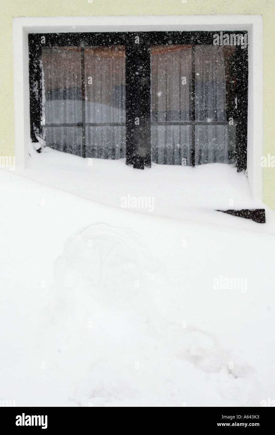 Snow coveres the window sill in Oberwiesenthal, Erzgebirge, Erz Ore ...