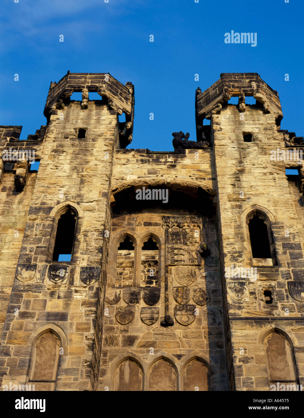 Sculpted medieval heraldry on the 15th century keep gatehouse, Hylton ...