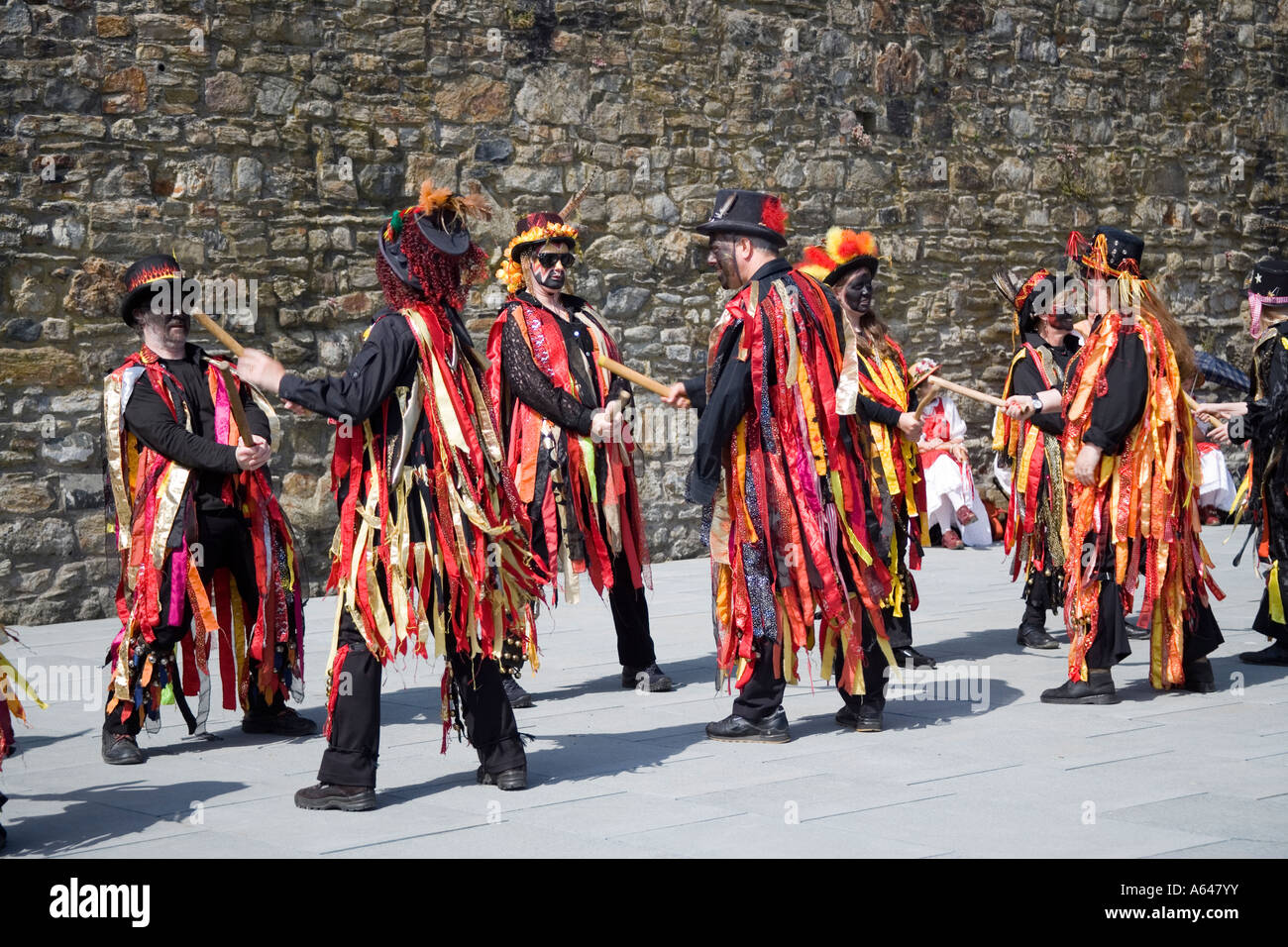 Morris dancers on the harbour front at Conway, North Wales, United ...
