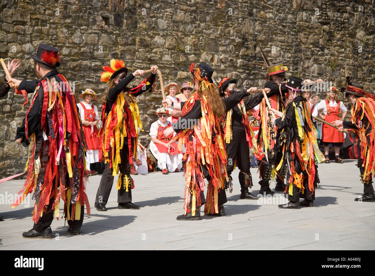Morris dancers on the harbour front at Conway, North Wales, United ...
