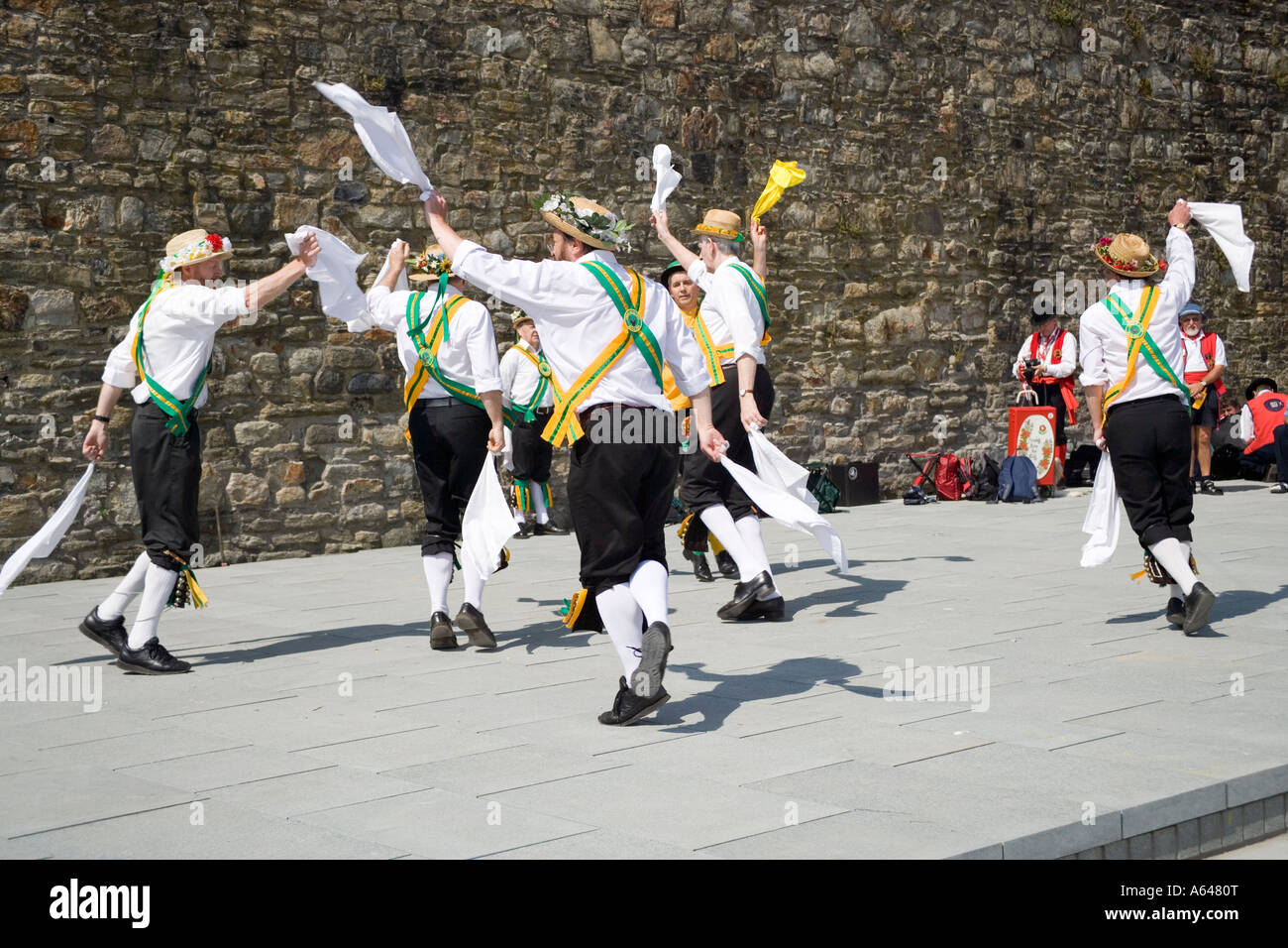 Morris dancers on the harbour front at Conway, North Wales, United ...