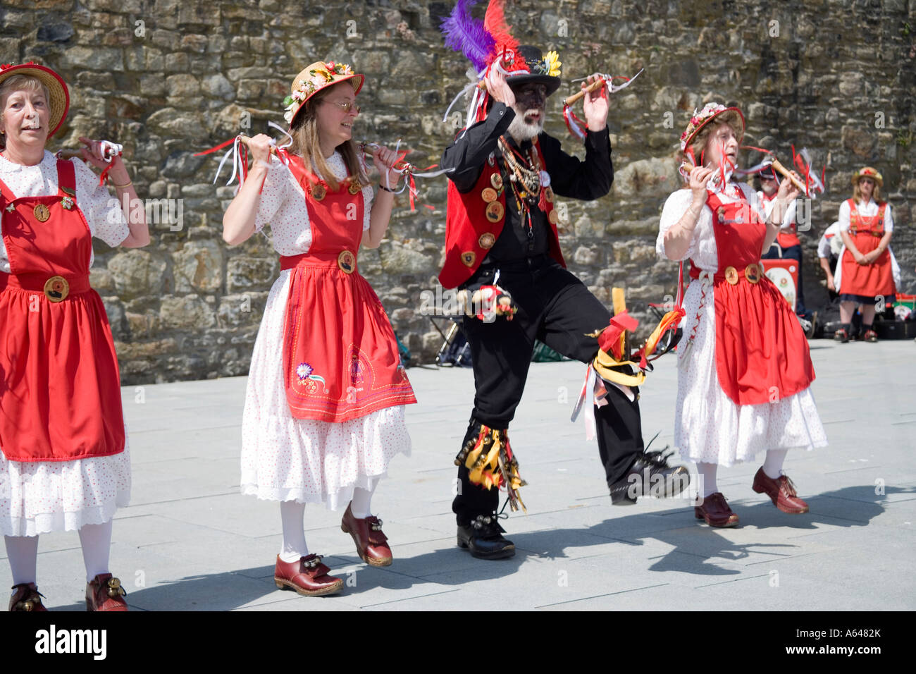 Morris dancers on the harbour front at Conway, North Wales, United ...