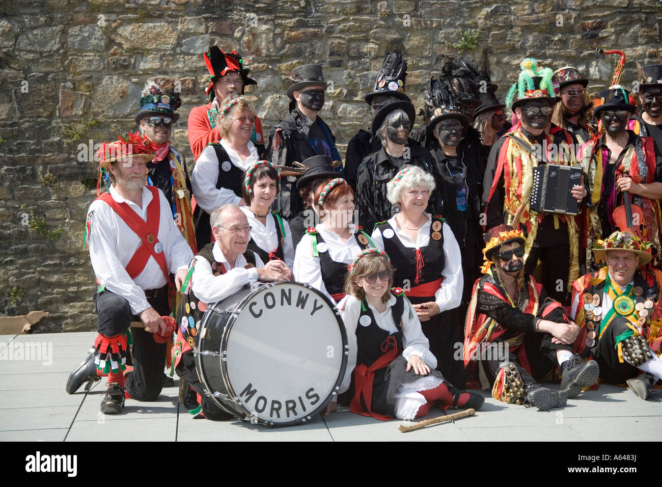 Morris dancers on the harbour front at Conway, North Wales, United ...