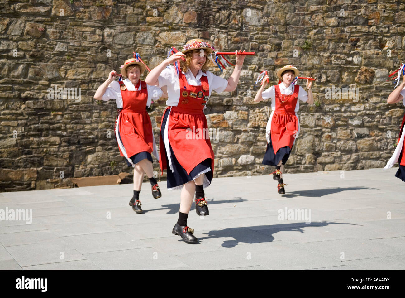 Morris dancers on the harbour front at Conway, North Wales, United ...