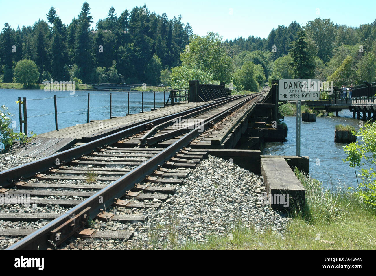 Railroad tracks go over trestle into distance around curve Stock Photo ...