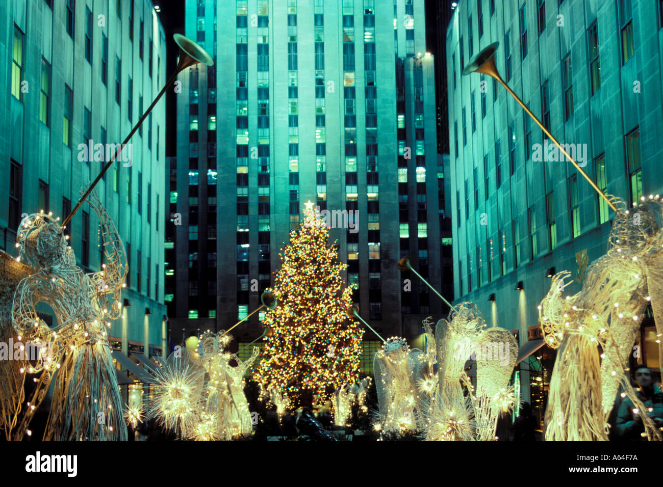 Christmas Tree and Angels Rockefeller Center at night New York City ...