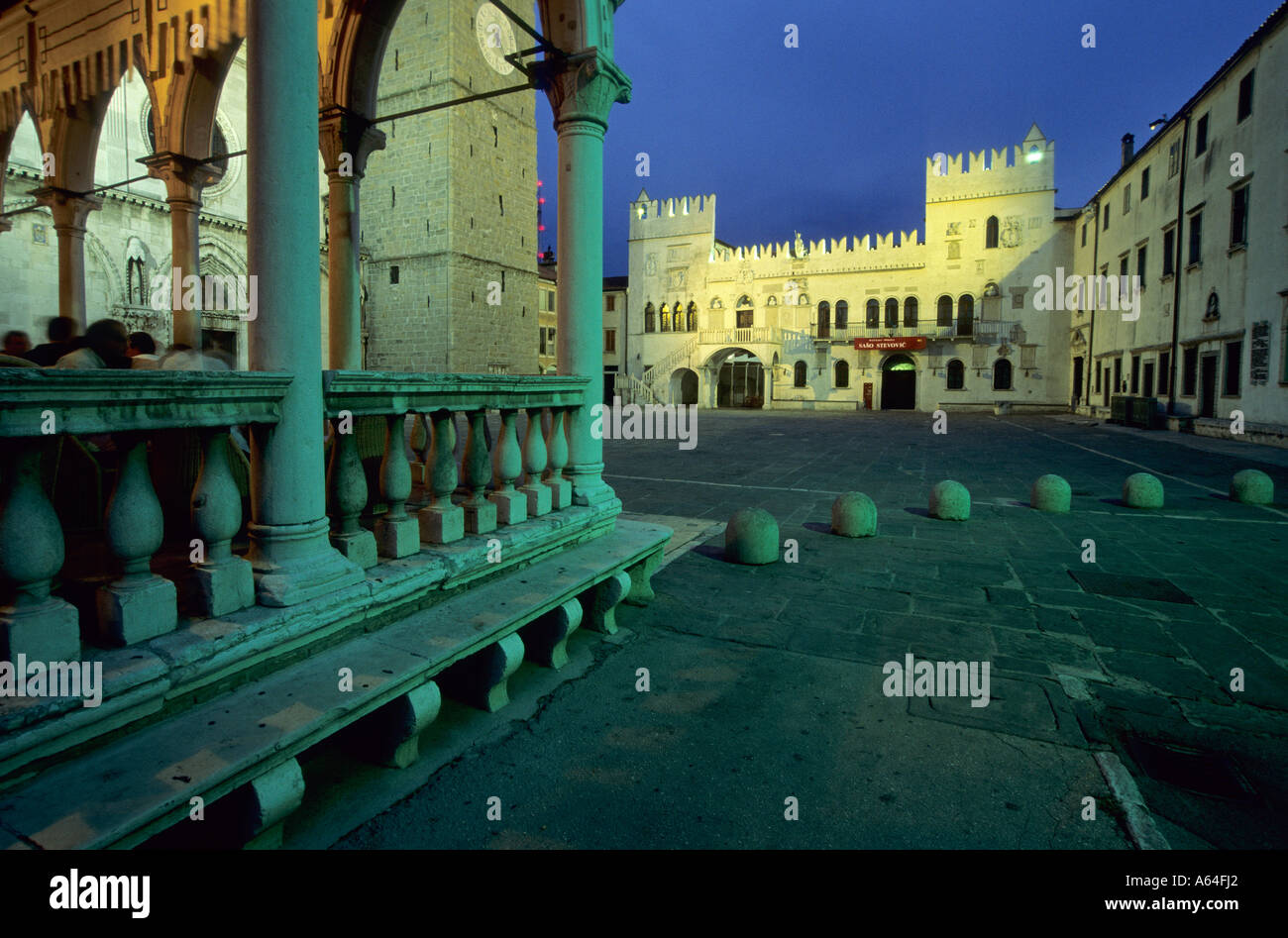 Mainsquare with loggia of Koper at night, Primorska region, Slovenia ...