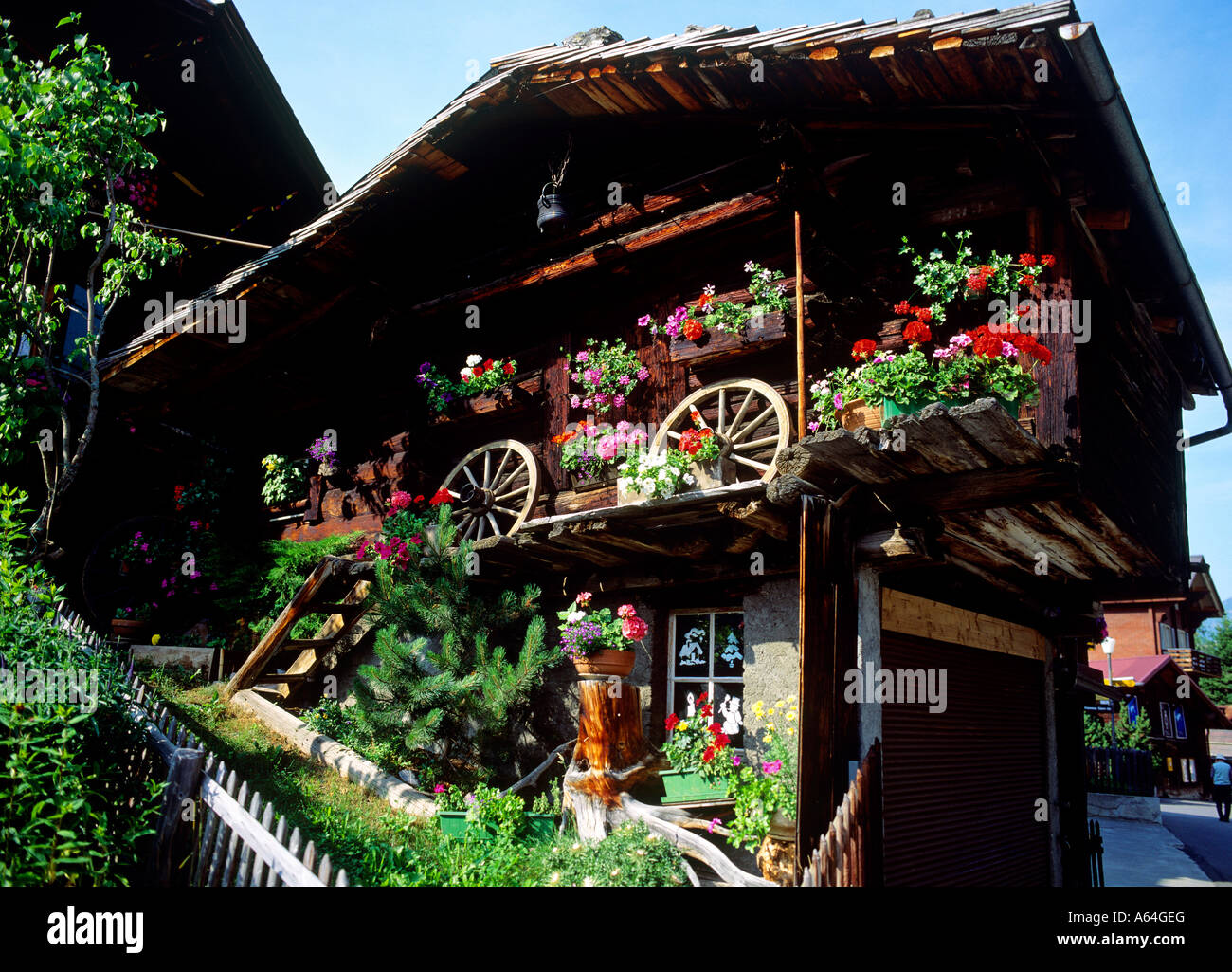 traditional flower adorned shed village of murren region of bernese ...