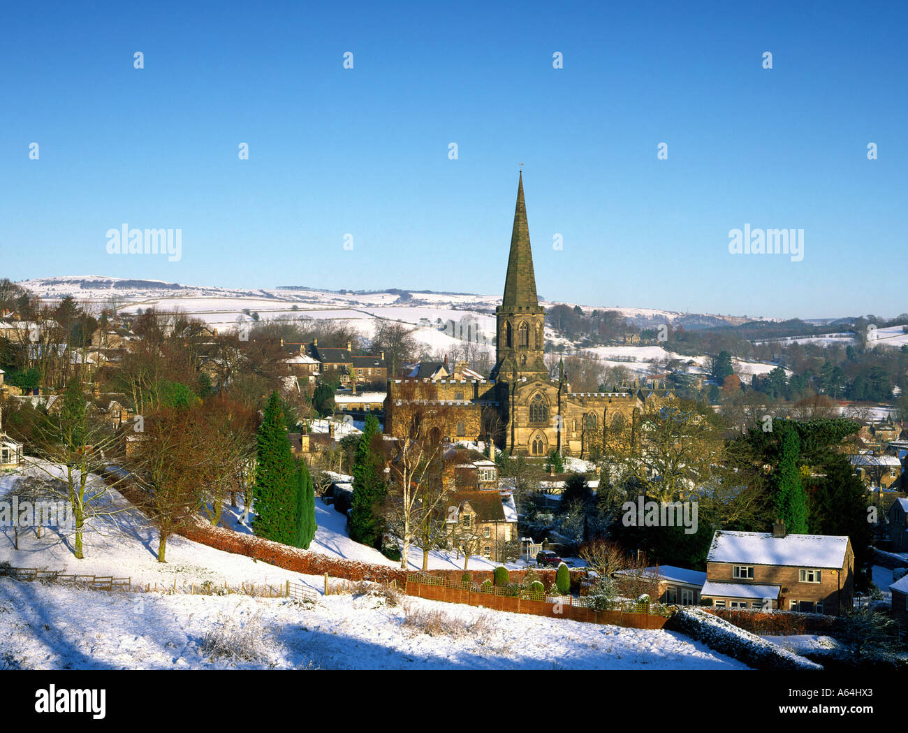 All Saints church in Bakewell after a Winter snowfall, the Peak ...