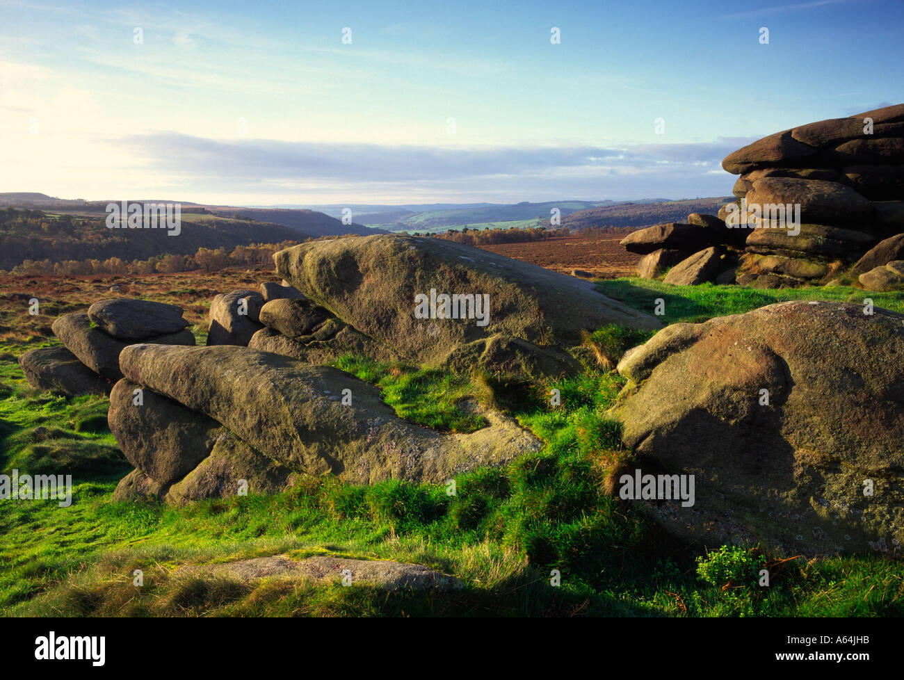 Owler Tor and view over Lawrence Field in the Peak District Derbyshire ...