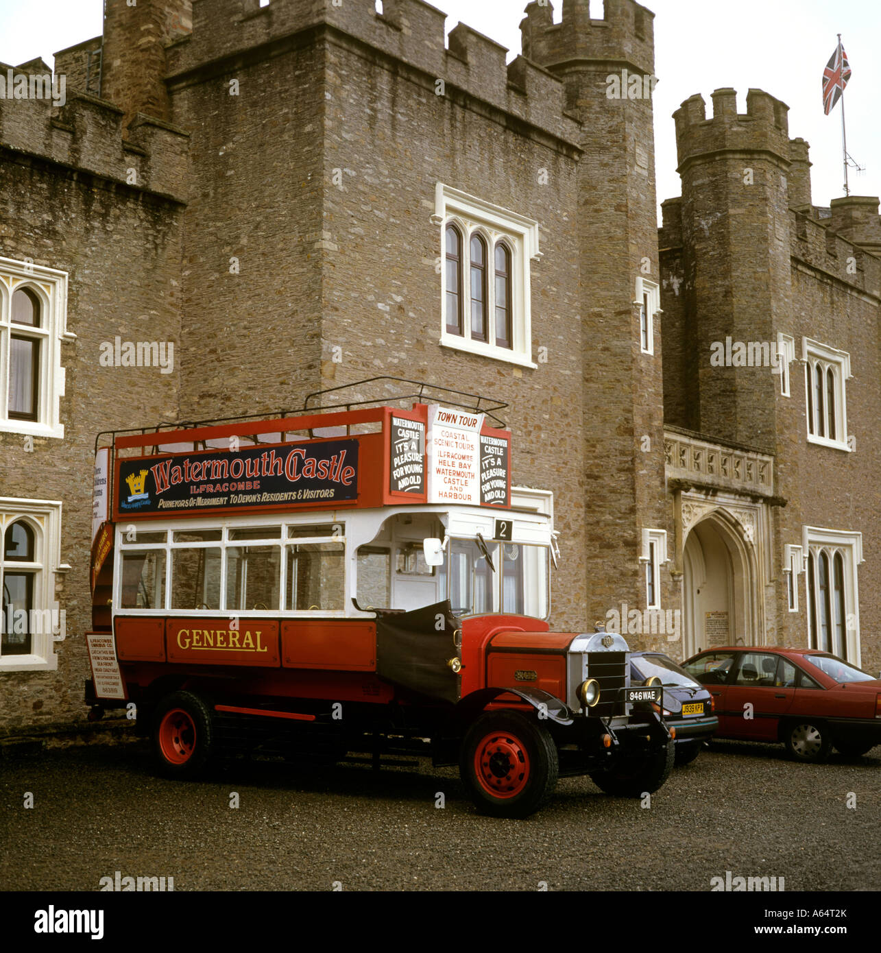UK Devon Watermouth Castle entrance old red bus Stock Photo - Alamy
