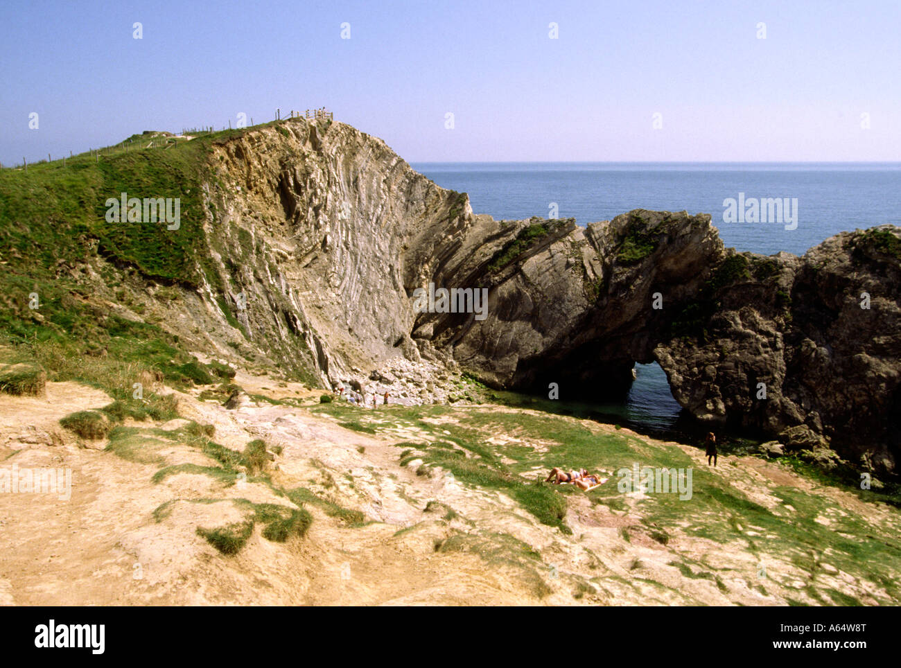 UK Dorset Lulworth Cove Stair Hole distorted limestone rock formation ...