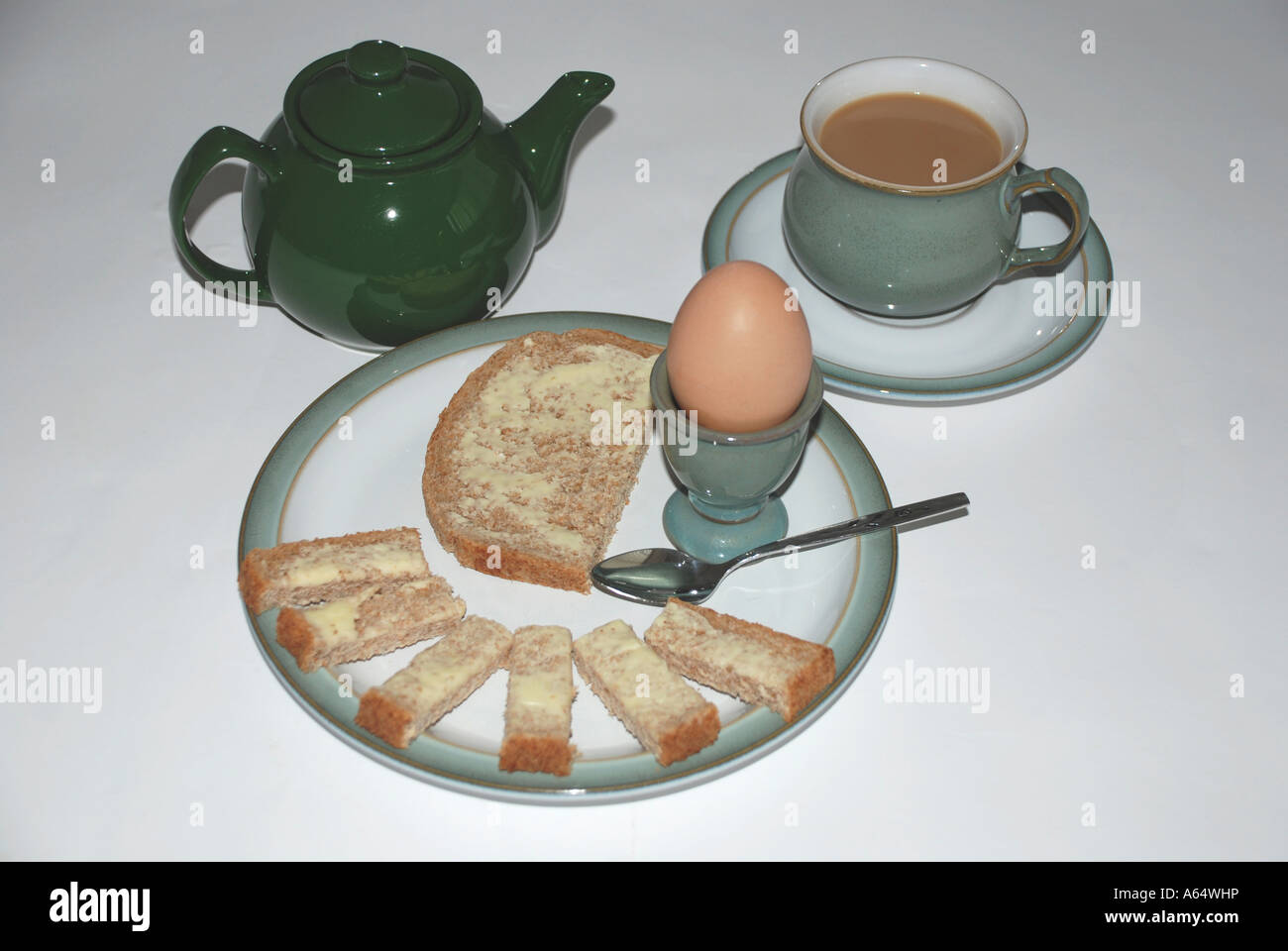 Boiled egg, toast and tea breakfast Stock Photo - Alamy