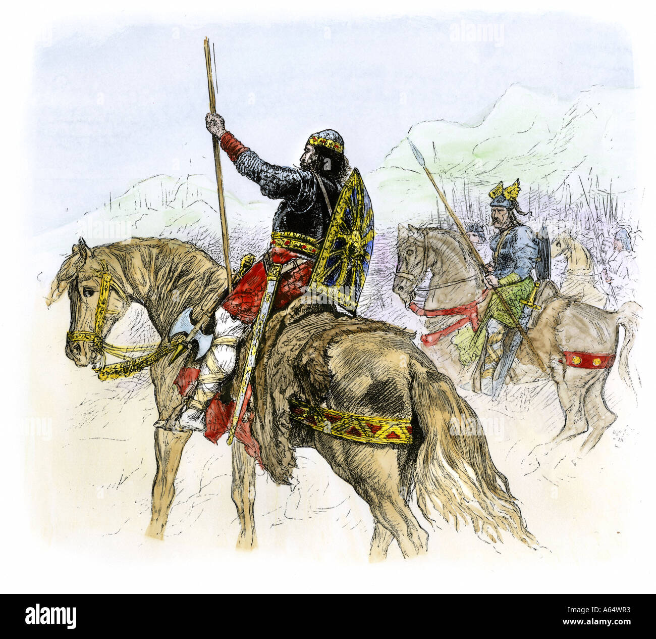 Charlemagne leading the Frank warriors on horseback. Hand-colored ...