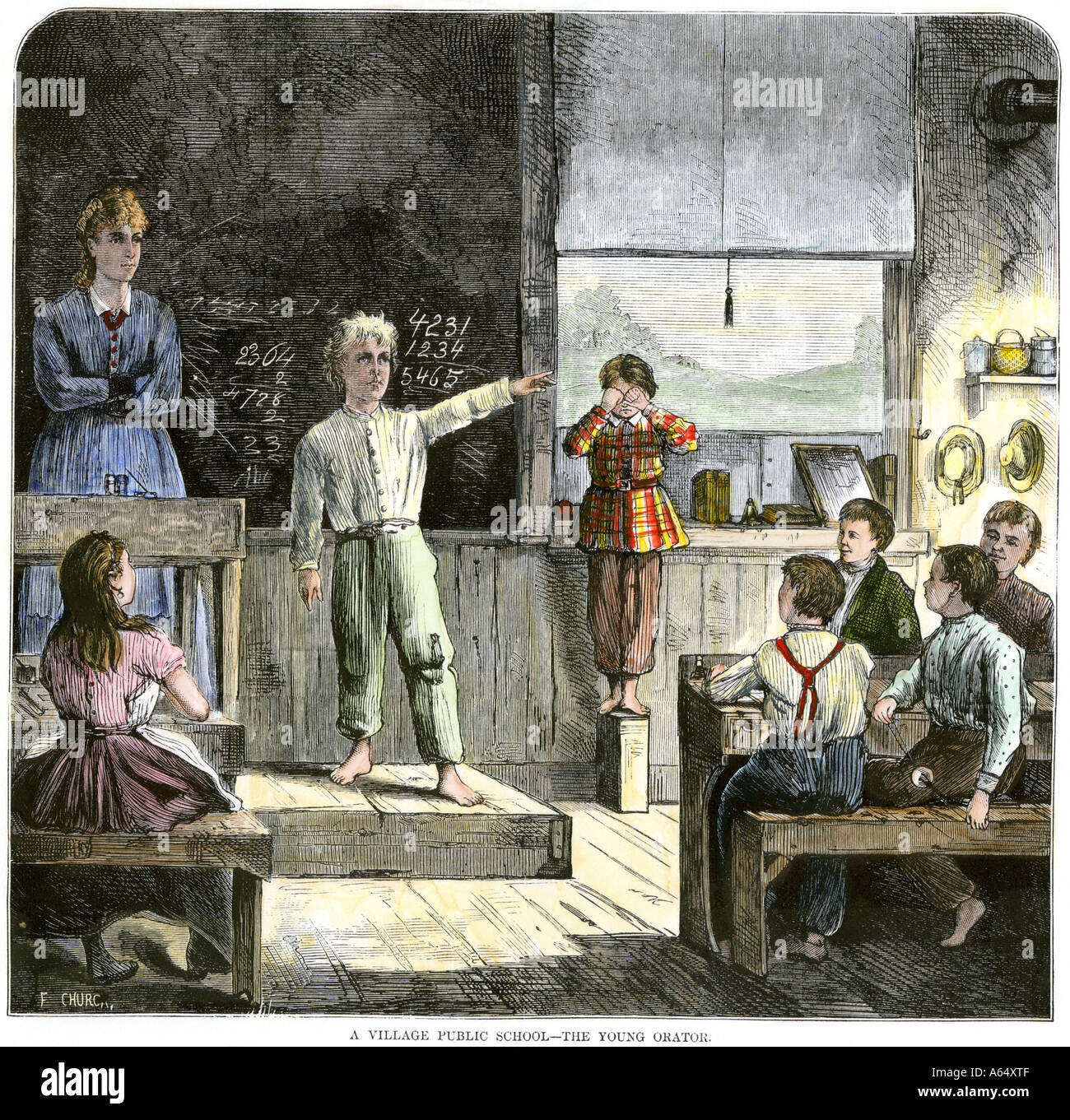 Young orator in a village public school 1800s. Hand-colored woodcut ...