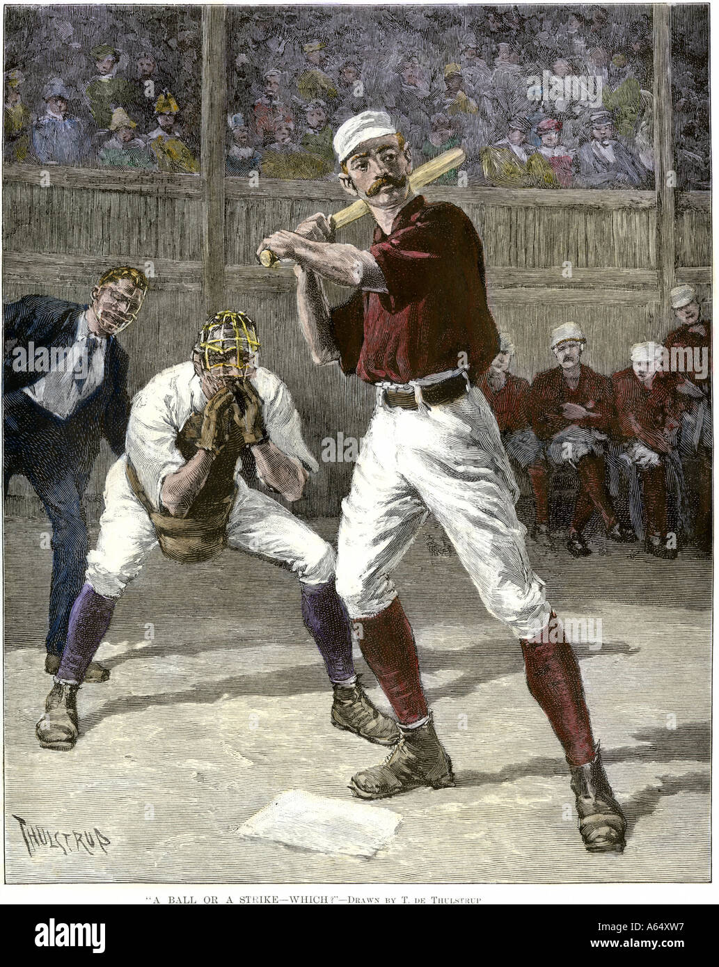 Batter waiting for a baseball pitch 1880s. Hand-colored woodcut Stock ...